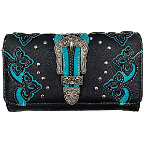 Justin West Western Studded Rhinestone Buckle Laser Cut Wristlet Trifold Wallet Attachable Long Strap (Black Turquoise)