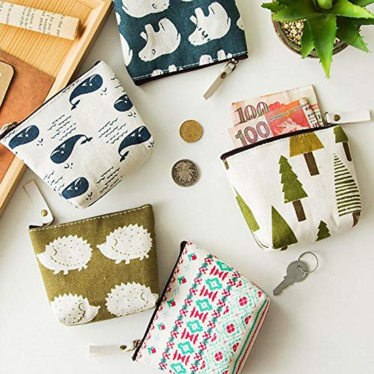 Bonwete 5 PCS Pencil Bag Pen Case Flower Floral Canvas Pencil Pen Case Multi-functional Cosmetic Makeup Bag Set Coin Purse