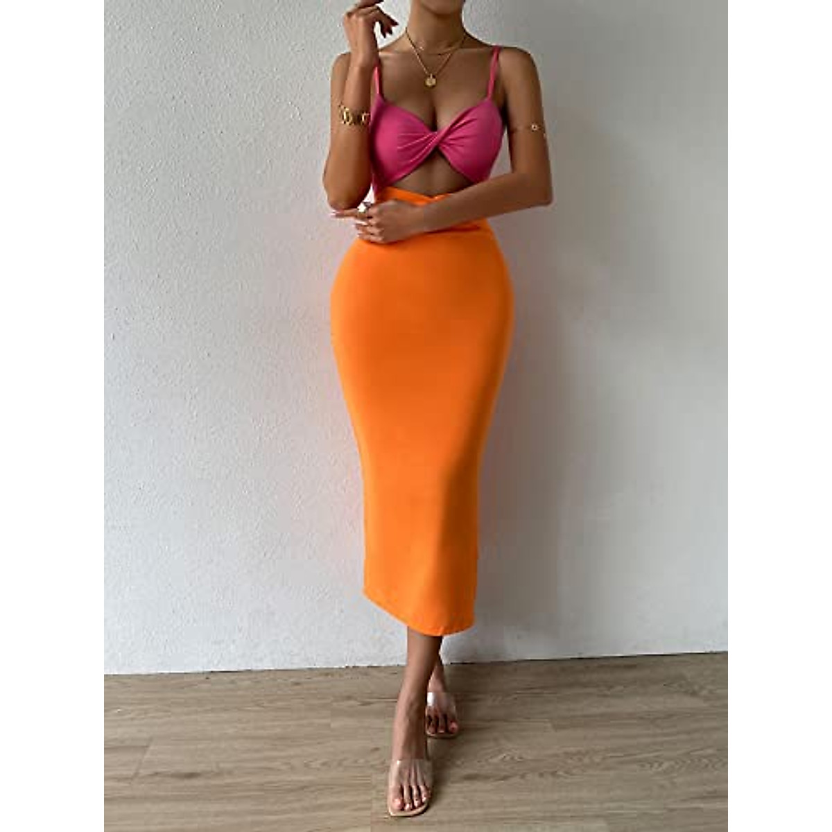 WDIRARA Women's Twist Front Split Thigh Bodycon Dress Cut Out Sleeveless Long Dresses Pink Orange XS