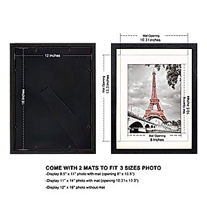 Luxdart 12x16 frames with Mat to Display 11x14 Picture or 8.5x11 photo 12 x 16 Black Solid Wood Picture Frame Wall Art for Living Room Wall Mount and tabletop Decor(2 Mats)