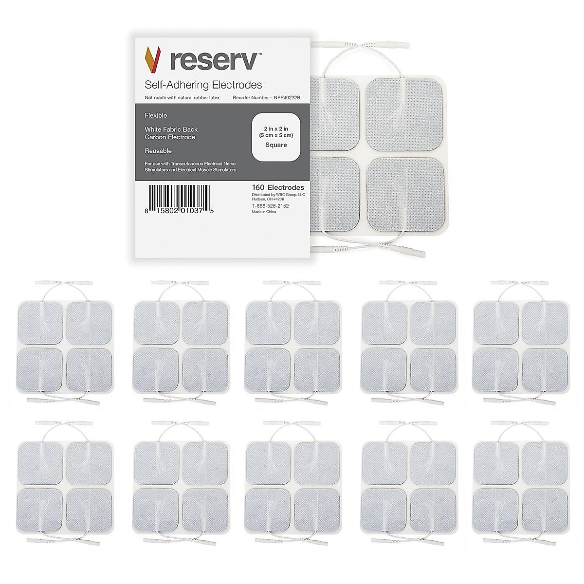 reserv 2" x 2" Premium Re-Usable Self Adhesive Electrode Pads for TENS/EMS Unit, Fabric Backed Pads with Premium Gel (White Cloth and Latex Free) (4 Pack (160 electrodes))