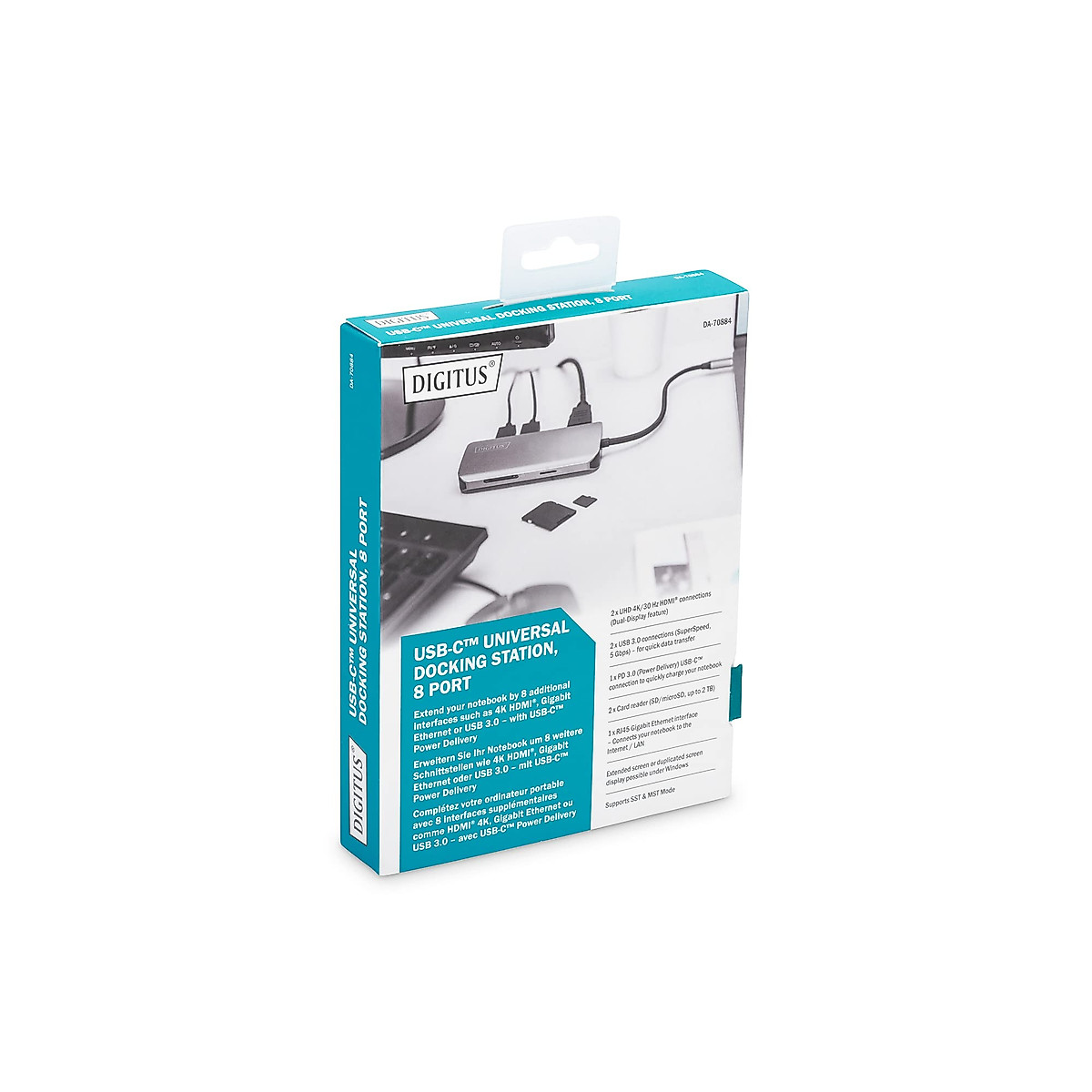 Digitus 8-Port USB-C Dock, 2xUSB3.0, 1xRJ45, 2xHDMI, 1xPD, 1xMicro SD, 1xSD, Grey