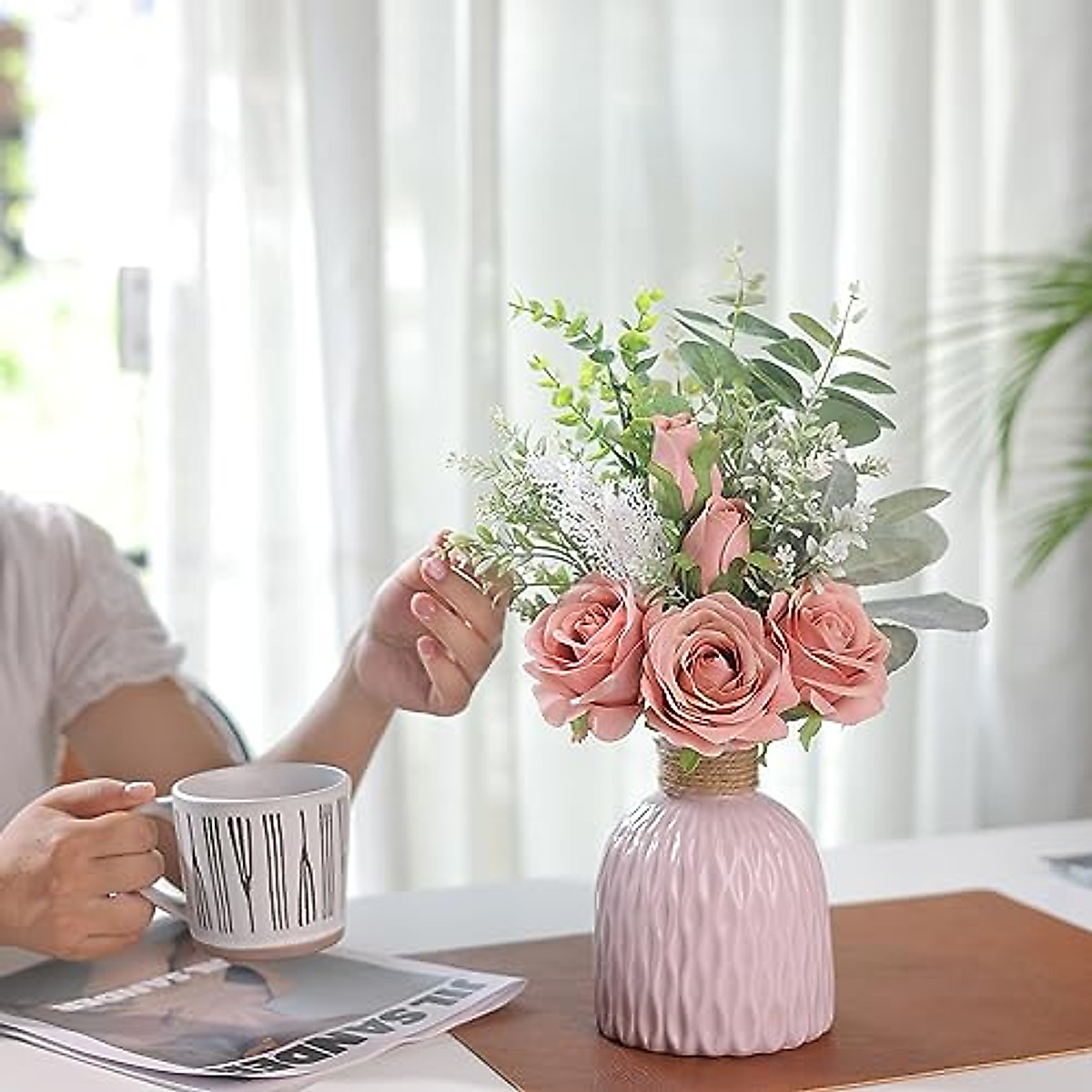 Artificial Flowers with Ceramic Vase,Faux Silk Roses and Fake Plant Eucalyptus in Vase for centerpiece table decorations, living room,dining table,fireplace,office,farmhouse,home decor(Dusty Pink)