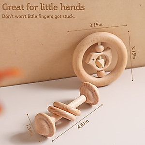 2pc Set Wooden Rattle Toys Beech Wood Ring Montessori Bird Shape Grasping Toddler Toys