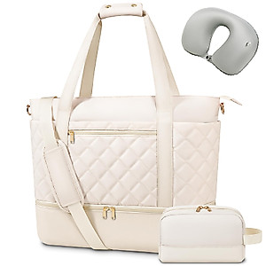 Weekender Bag for Women, 3 pcs Set Expandable Travel Duffel Bag with Toiletry Bag and Neck Pillow, Carry on Tote Overnight Bag with Shoe Compartment & Wet Pocket, Sports Gym Hospital Bag, Beige