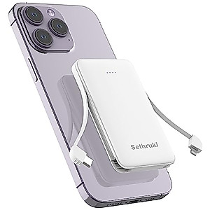 Sethruki Smallest Portable Charger with Built-in Cables 6000mAh,Ultra Slim Power Bank,Mini High Speed External Battery Packs,Lightweight USB C Phone Charger for iPhone Samsung Google Android (white)