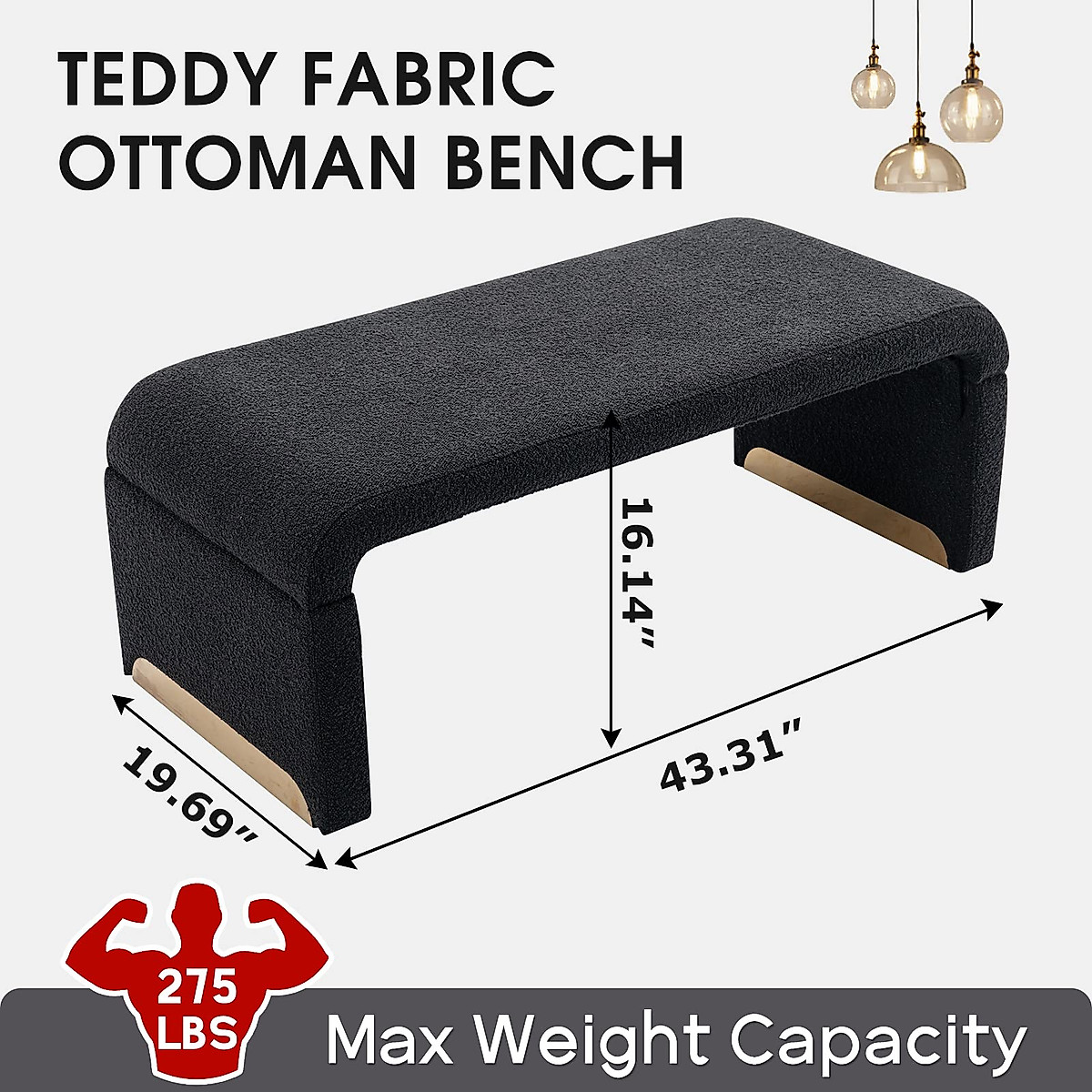 NIOIIKIT 43.3'' Ottoman Bench with Boucle Fabric, Faux Fur End of Bed Bench with Golden Metal Legs, Upholstered Entryway Bench for Living Room, Bedroom, Entryway (Black)