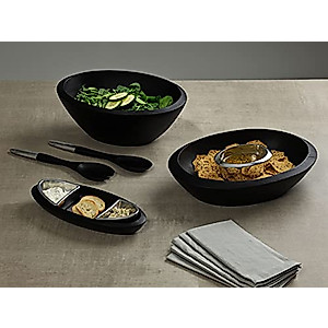 Nambe - Noir Collection Dark Stained Acacia Wood Chip & Dip Serving Bowl with Nambe Alloy Dip Bowl - Measures at 16" x 11" - Made with Acacia Wood and Nambe Alloy - Designed by Steve Cozzolino