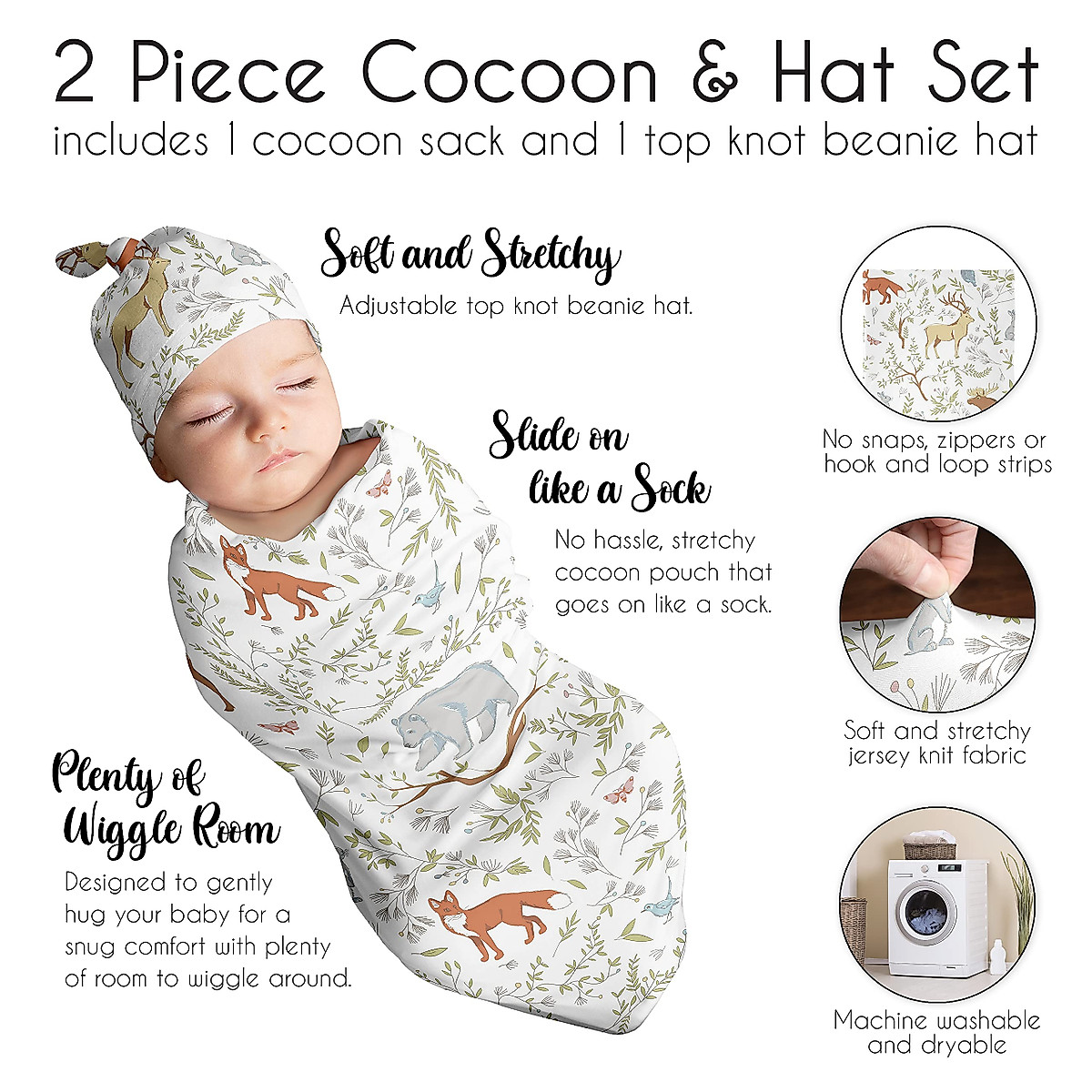 Sweet Jojo Designs Woodland Animal Toile Baby Boy or Girl Cocoon and Beanie Hat 2pc Set Jersey Stretch Knit Sleeping Bag for Infant Newborn Nursery Sleep Wrap Sack - Grey Green Forest Bear Deer Fox