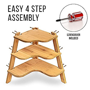 Adorn Stylish Bamboo Kitchen Countertop Organizer Corner Shelf, Space Saving 3-Tier Design for Kitchen Storage, eg Plate Rack, Spice Rack, also Living Room Display Shelves, Office Storage