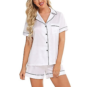 Veseacky Satin Sleepwear with Silky Youth Short Sleeve Sleepwear Soft Lightweight Silk Button Down Sleepwear Short Pjs Loungwear White XXL
