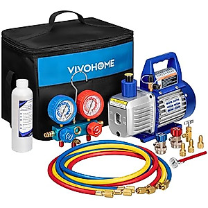 VIVOHOME 110V 1/4 HP 3.5CFM Single Stage Rotary Vane Air Vacuum Pump and AC Manifold Gauge Set Kit with Thermometer for R134a R12 R22 R502 R410a HVAC Air Conditioning Refrigeration Recharging