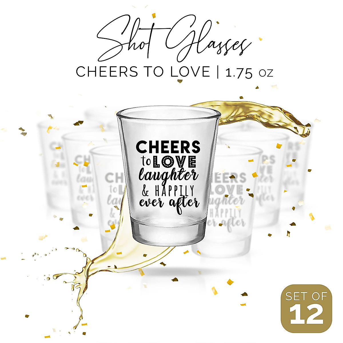 Cheers to Love Laughter Happily Ever After Shot Glasses, Set of 12 Clear 1.75oz Doubled sided Wedding Shot Glasses, Perfect Wedding Favor, Wedding Shot glasses, Bridal Party Shot Glasses