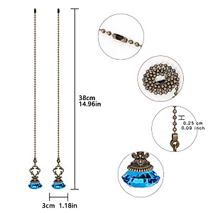 2pcs Light Blue Crystal Fan Pull Diamond Drop Vintage Pull Chain Ceiling Pull Chain Extender with Connector