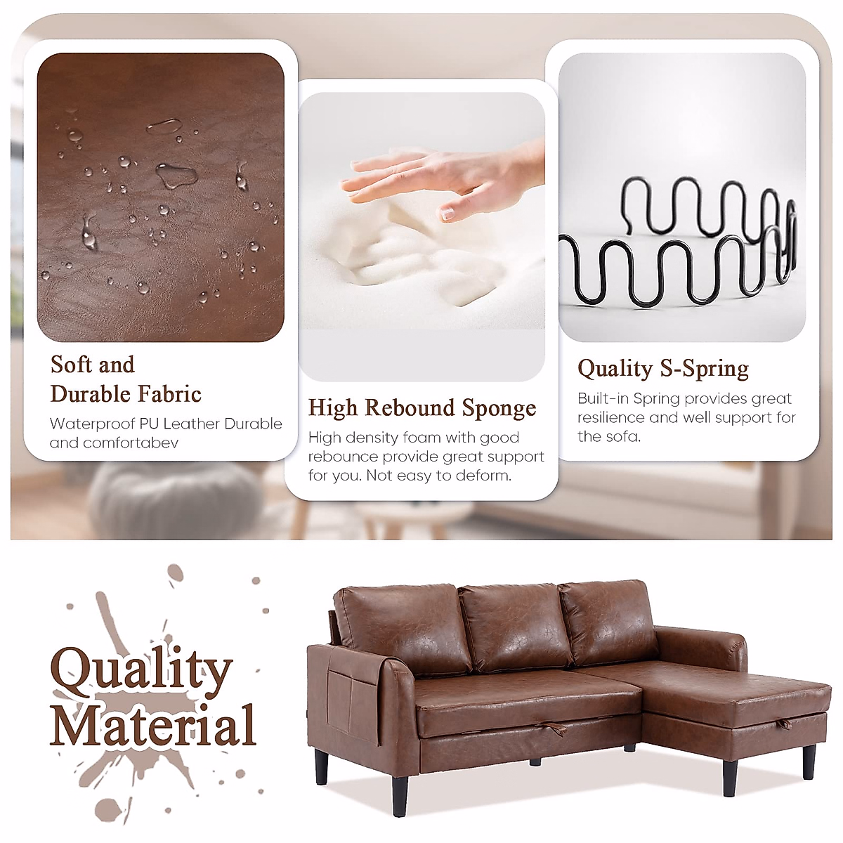 Deolme Pull Out Sleeper Sofa Bed with Storage Chaise Lounge, Modern Sleeper Couch with Side Pocket, Comfy 3 Seat Sofa Couch for Living Room, Bedroom, Home Office (Brown PU)