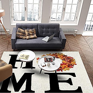 OComster Thanksgiving Rectangle Shape Large Area Rugs - 5 x 7 Feet Fall Pumpkin Maple Leaves Wreath Home Wooden - (Non-Woven + Rubber) Low File Floor Mat