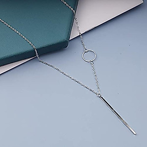 Yheakne Vertical Bar Circle Necklace Silver Circle Pendant Necklace Boho Long Necklaces Chain Minimalist Geometric Ring Necklace Jewelry for Women and Girls