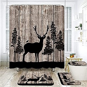 SiMiWOW Rustic Forest Elk Shower Curtain Set with Rugs Wildlife Animal Shower Curtain Farmhouse Decor Set Deer Shower Curtain with Mats, Set of 4