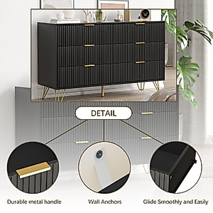 BVFUKA Black Dresser, Modern Dresser for Bedroom, 6 Drawer Dressers with Wide Drawers and Gold Handles, Storage Chest of Drawers