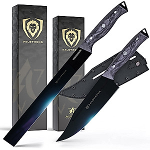 DALSTRONG Delta Wolf Series Chef Knife 10" Bundled with Delta Wolf Series Slicing & Carving Knife 12" with PU Leather Sheath - Black Titanium Nitride Coating - G10 Camo Handle