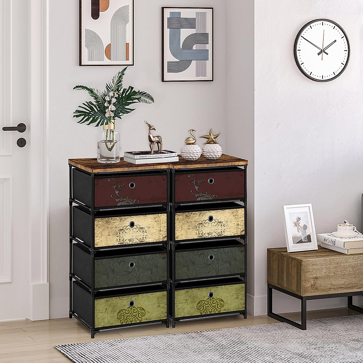 VASICAR Set of 2 Nightstands with 4 Drawers, Beside Table, Clothes Organizer, Storage Tower Unit, Small Fabric Dresser for Bedroom, Living Room, Closet, Entryway, Hallway, Nursery