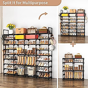 ROJASOP Large Shoe Rack Organizer for Entryway Closet 64-68 pairs 9-Tier Heavy Duty Tall Garage Shoe Rack Shoe Shelf Shoes Storage with 18 Pcs Removable Side Hooks for Bedroom and Garage Black