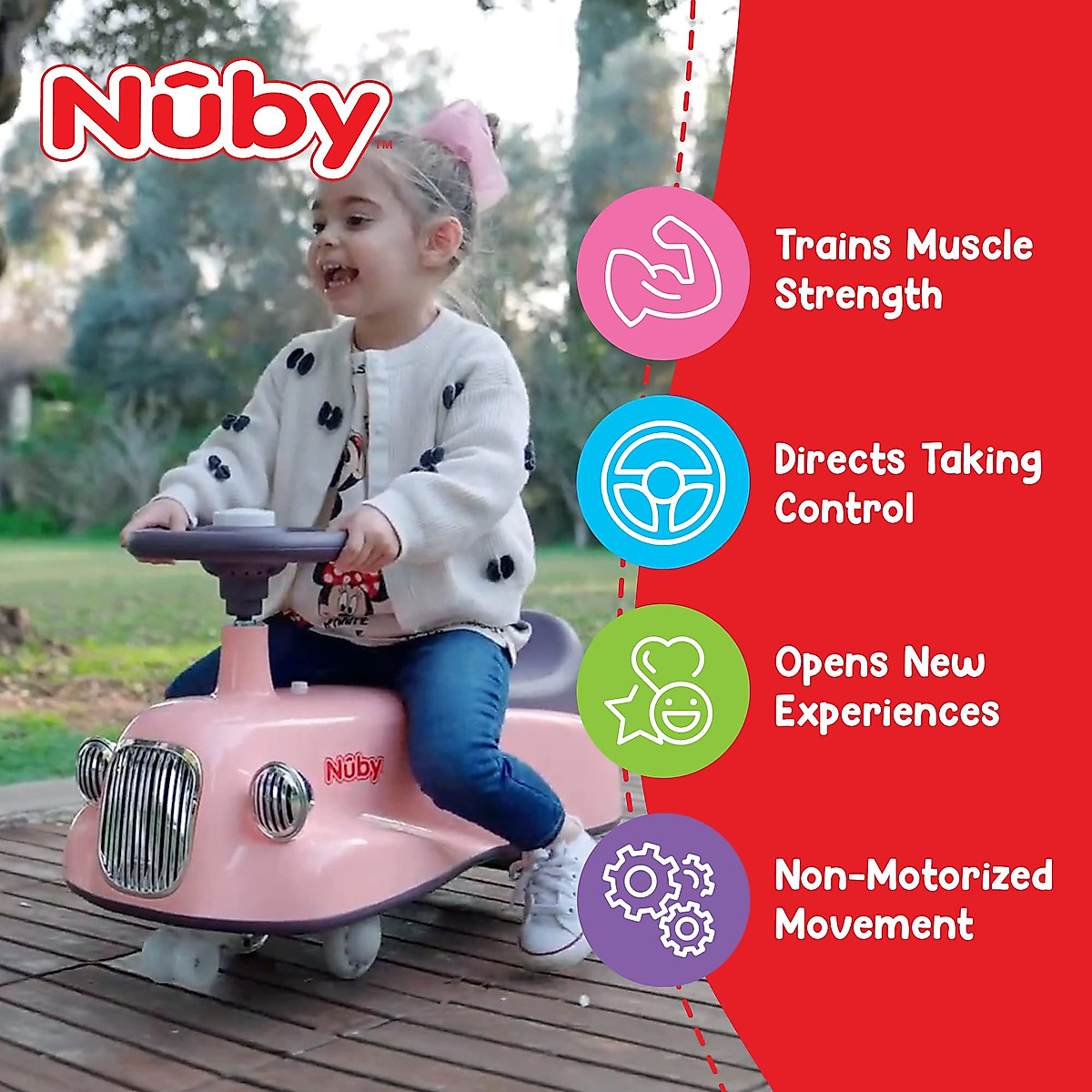 Nuby Twist N Ride Classic Ride on Cars - Riding Toys with Realistic Working Front & Back Lights - Fun Light Up Car Scooter with Music - Toys for 3 Years and Up - Aqua & Red Toy Scooter Car, Large