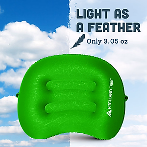 Pitch and Trek Camping Pillow with Removable Cover, Ultralight Portable Compact Inflatable Pillow for Neck Lumbar Support, Compressible Pillow for Hiking, Beach, Hammock, and Backpacking Gear