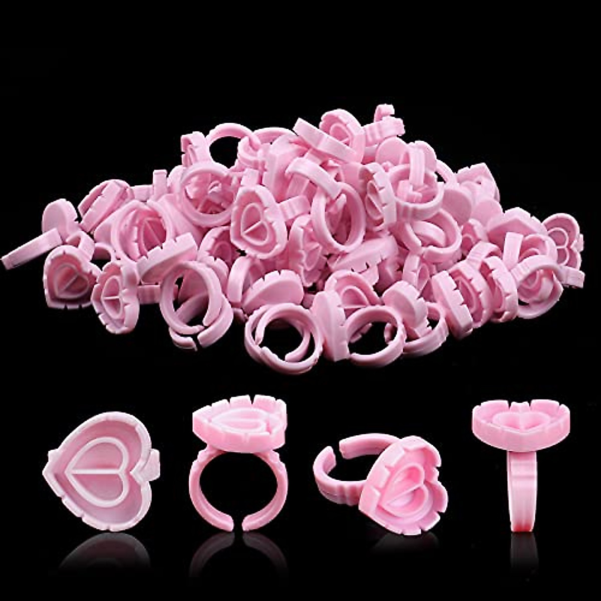 Fawyteng 100pcs Glue Rings Smart Glue Cups Lash Glue Holder Ring Cup,Disposable Glue Cups Lash Glue Rings Lovely Heart Shape for Eyelash Extensions (Pink)