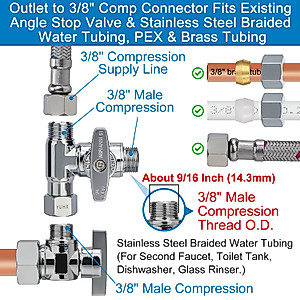 Brass Angle Stop Add-A-Tee Valve,3/8 x 3/8" x 3/8 Compression Water Splitter