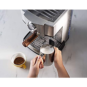 brim 15 Bar Espresso Machine, Cappuccino, Americano, Latte and Espresso Maker, Milk Steamer and Frother, Removable Parts for Easy Cleaning, Stainless Steel/Wood Accents, wood finish handle (50030)