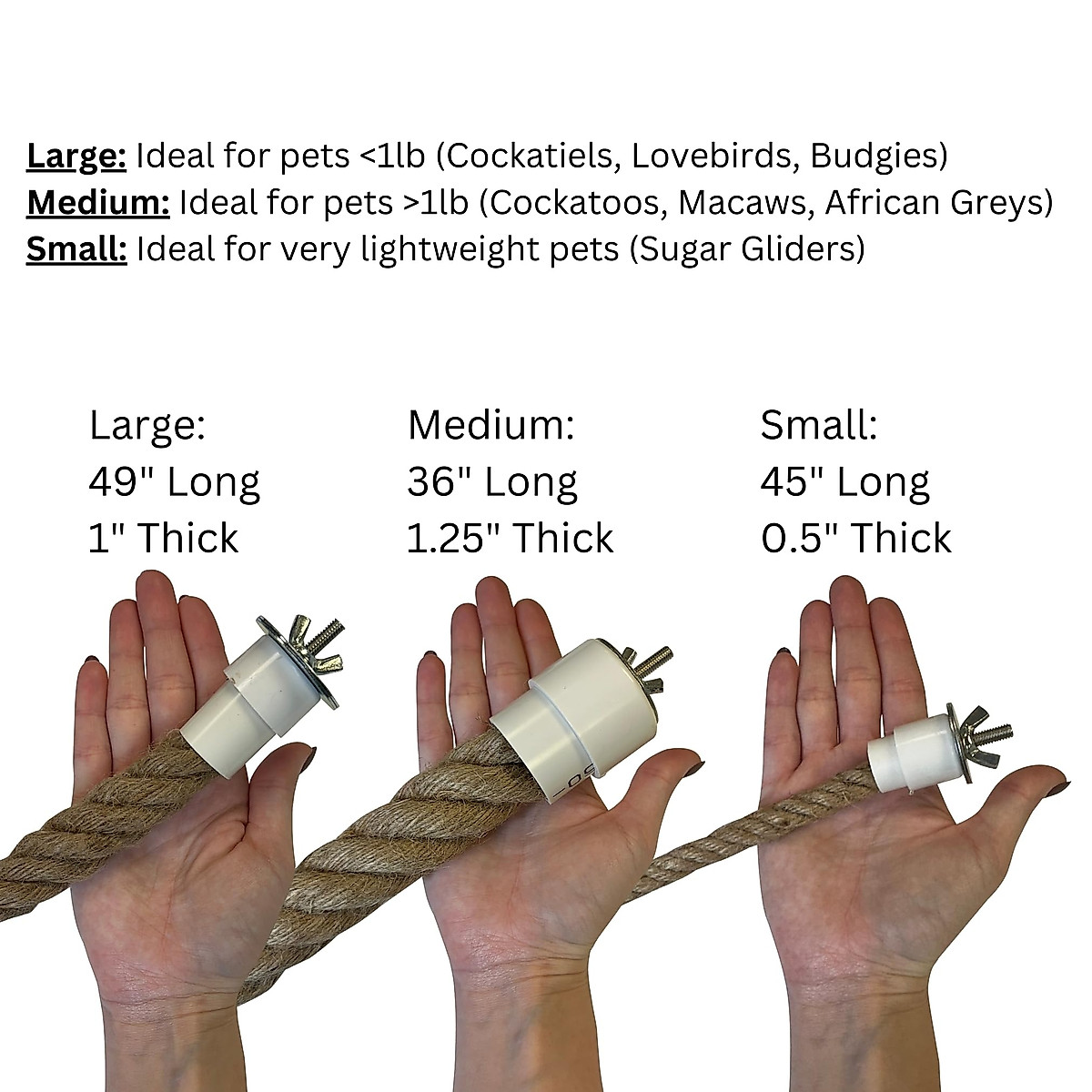 52 Inch Natural Rope (Large) - Flexible Bendable Climbing Rope Perch Cage Accessory Toy - Sugar Gliders, Squirrels, Degus, Marmosets, Monkeys, Parrots, Birds, Rats & Other Small Pets