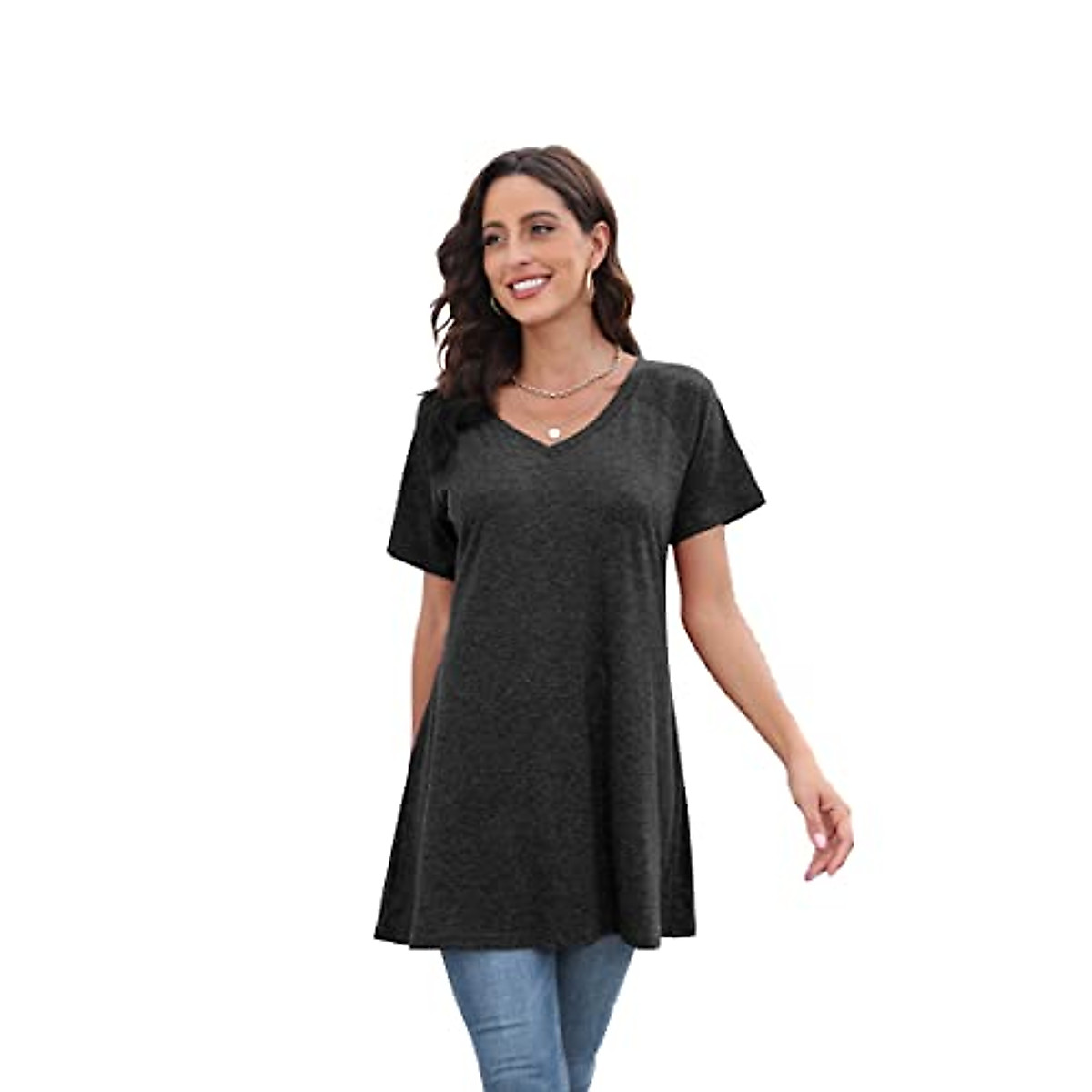 KKG Long Tunics for Women to Wear with Leggings, Short Sleeve Long Tops  to wear with Leggings V Neck Plus Size Summer Shirt Black
