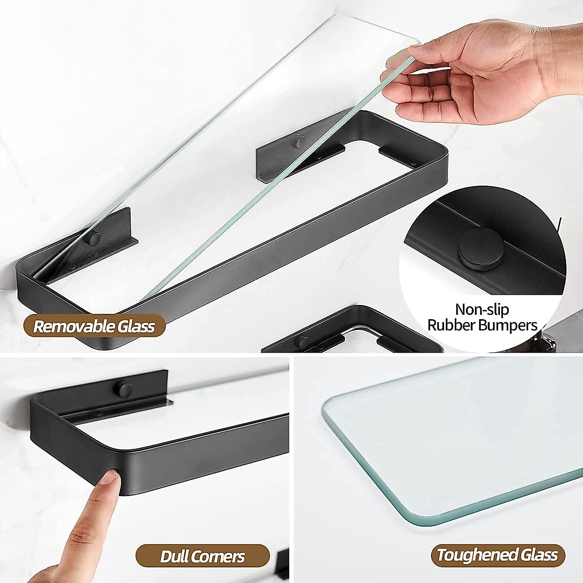 VOLPONE Bathroom Shelves Wall Mounted Glass Shelf for Bathroom Floating Shelf Tempered Glass Black Bathroom Wall Organizer 2-Tier