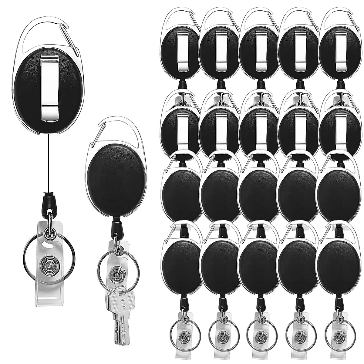 20 Pack Retractable Badge Holder with Carabiner Reel Clip, Bulk ID Card Key Holder with Ring, Heavy Duty Black Key Chain Extender for Office Work Employee