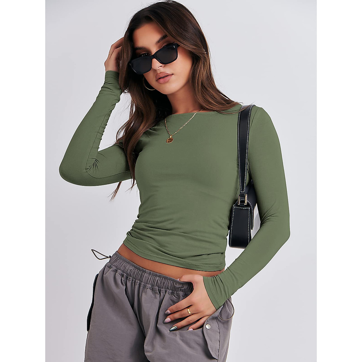 ANRABESS Women’s Long Sleeve Shirts Tight Fitted Going Out Crop Tops Crewneck Basic Tee Y2k Outfits Teens Girls Clothes Army Green S