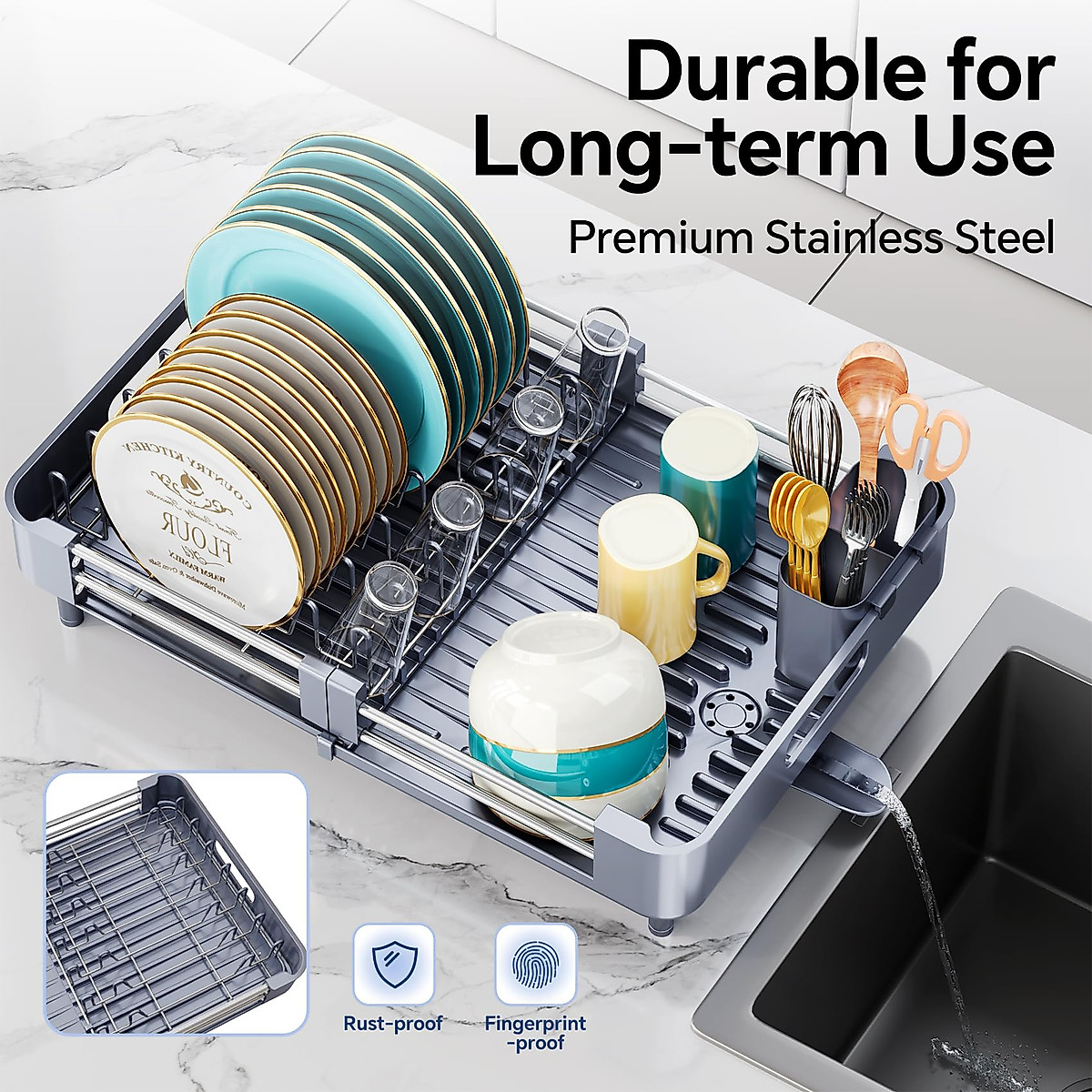 Dish Drying Rack, Kitchen Dish Drainer Rack, Expandable(13.2"-19.7") Stainless Steel Sink Organizer Dish Rack and Drainboard Set with Utensil Holder Cups Holder for Kitchen Counter