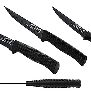 BRANIK Black Steak Knives set of 4, Special Non-Stick Coating on each of these Steak knives making them dishwasher safe. This Black Steak Knife Set is razor-sharp, lightweight, and user-friendly.