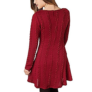 Women Fashion Cable Knitted Sweater Long Sleeve Crew Neck Pullover Dress Large WineRed