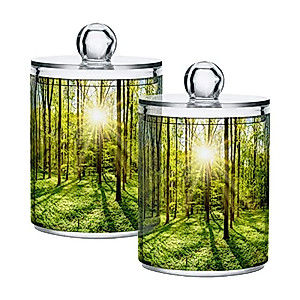 Kigai Beautiful Green Forest Landscape Qtip Holder Dispenser for Cotton Ball, Cotton Swab,Plastic Clear Apothecary Jar, Home Décor Kitchen Storage Jar,2 Pack