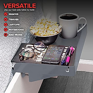 Modern Innovations Bedside Shelf for Bed, College Dorm Room, Bunk Bed Shelf for Top Bunk, Clip On Nightstand Tray with Cord and Cup Holder, Bunkbed Caddy for Table Storage (Dark Gray)