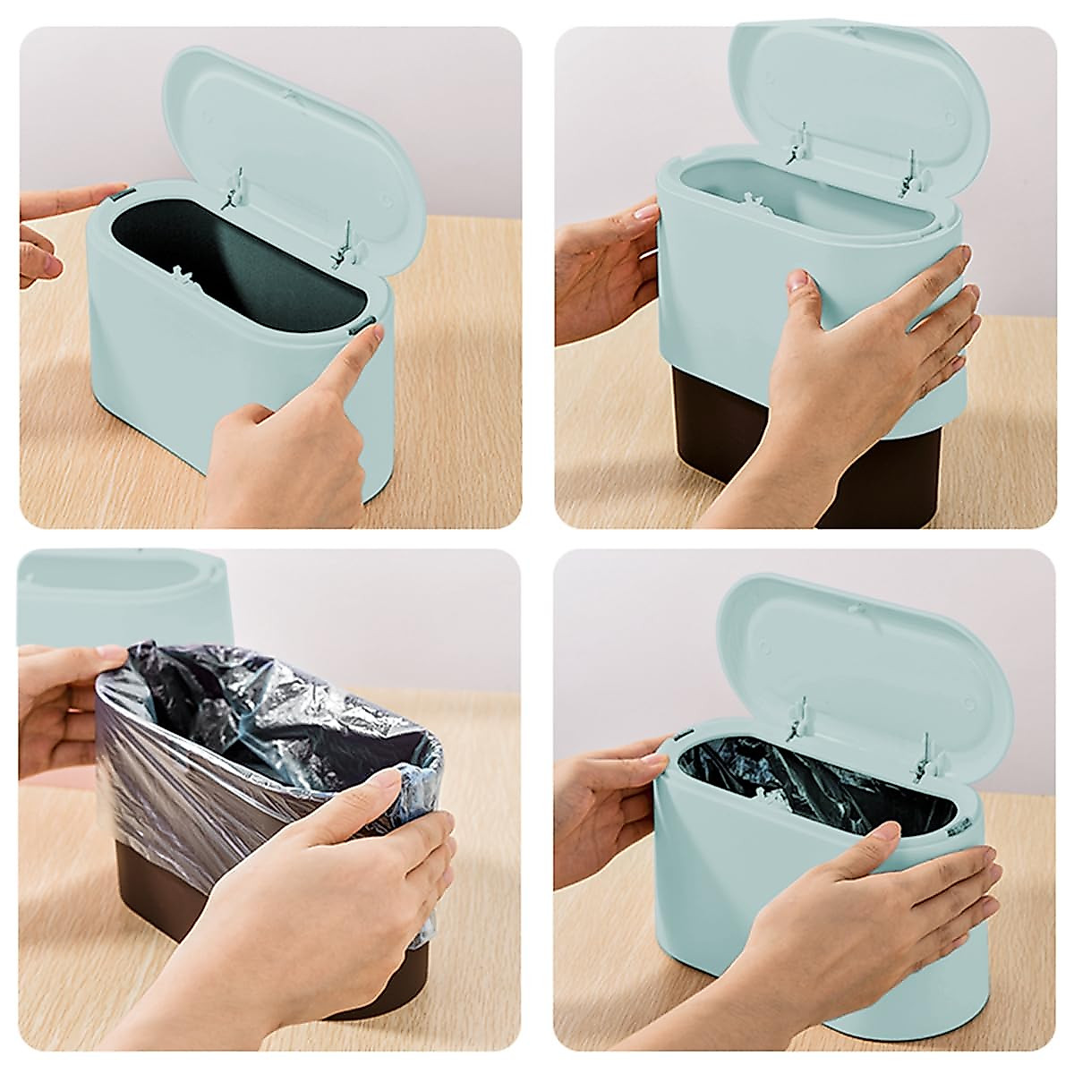 AYADA Mini Trash Can with Lid, Press-Type with Removable Inner Plastic Small Garbage Can Little Tiny Waste Basket Compact Covered Closable Trash Bin, Desk Countertop Office Kids Oval Rectangle (White)