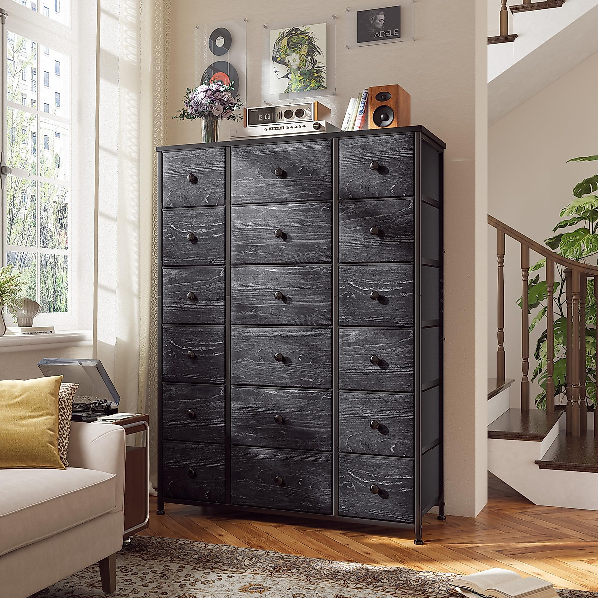 EnHomee Tall Dresser,Dressers for Bedroom with 18 Drawers,Dressers & Chests of Drawers Fabric Dresser with Wooden Top & Metal Frame,Living Room,Closet,Hallway, Black Wood Grain,57.7" H*37.8" W*12" D
