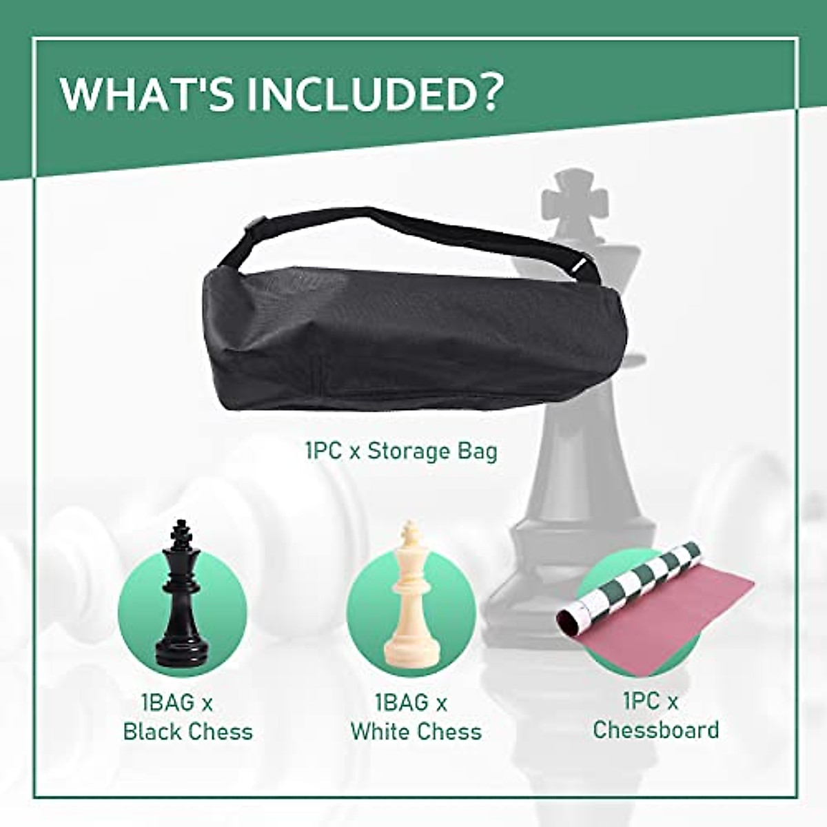 Tournament Chess Mat with Chess & Storage Bag, PU Leather Tournament Roll Up Chess Board, Chess Rollable Chessboard, Chess Mat Set for Kids and Adults (34cm with Chess Set)