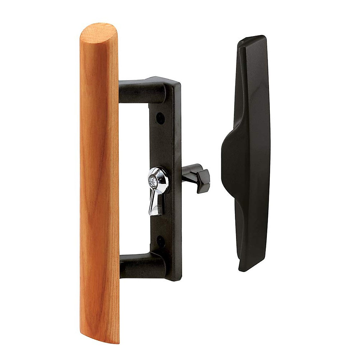 Prime-Line C 1095 Sliding Glass Door Handle Set, 3-1/2 In., Diecast and Wood, Black, Hook Style, Internal Lock (Single Pack)