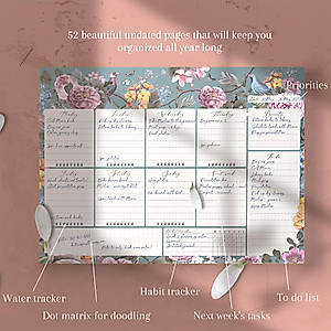 Peachly Weekly Tear Off Planner Pad - 52 Pages Desk Notepad with To Do List, Water Tracker and Habit Tracker 8.5 x 11 inches - Peony