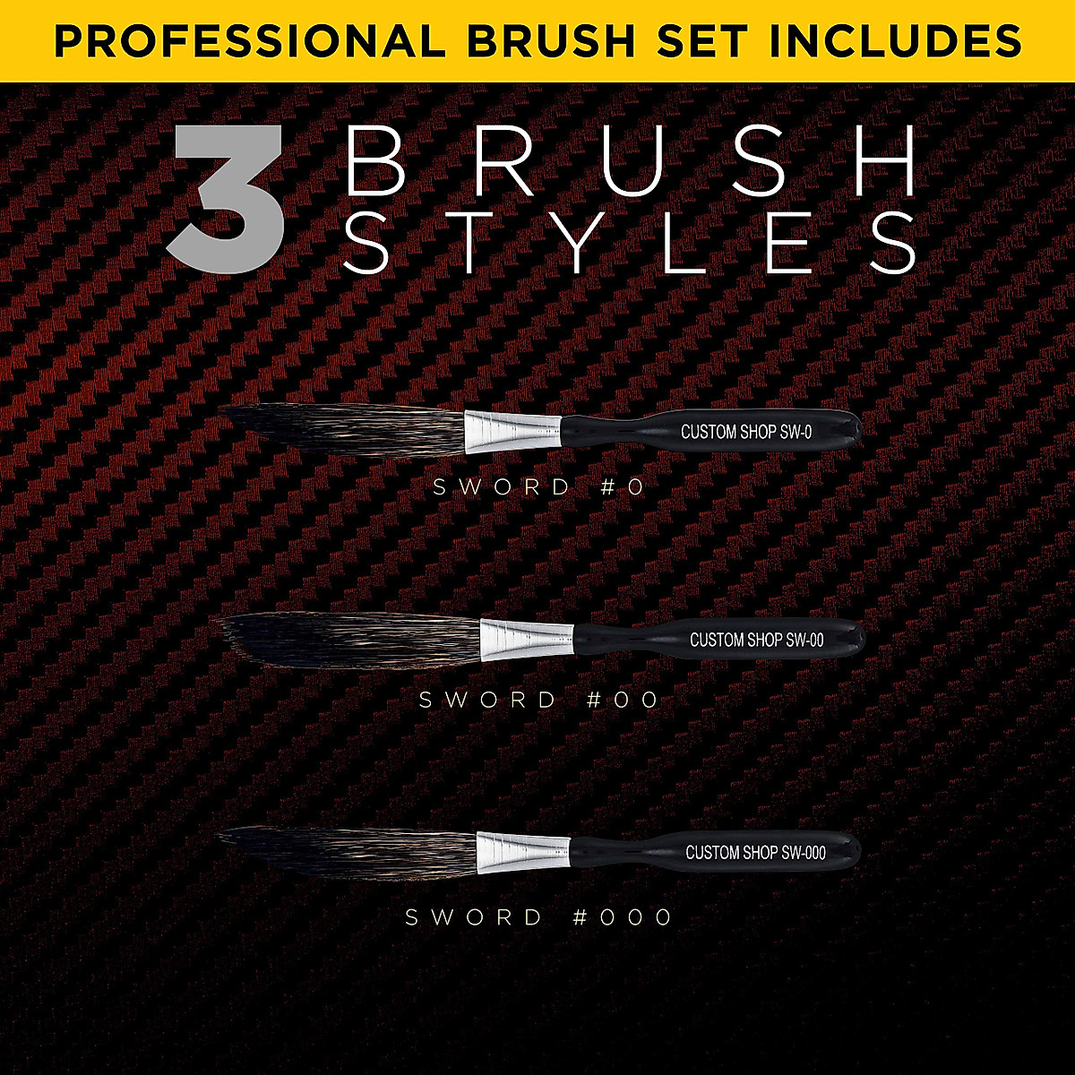 Custom Shop SW Sword Pinstriping Brush 3 Size Kit (#0, 00, 000) One of Each All 3 Brush Styles - High Performance Striping Brushes