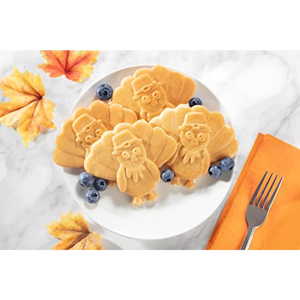 Thanksgiving Turkey Mini Waffle Maker - Make Holiday Breakfast Special for Kids & Adults w/ Cute Design, 4" Waffler Iron Electric Nonstick Appliance - Fun & Festive, Fall Gift, Recipes Included