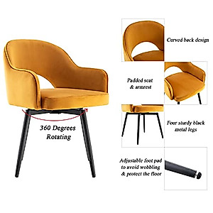 DUOMAY Swivel Dining Chair Set of 2, Velvet Upholstered Side Chair Modern Accent Guest Chair Home Office Desk Chair with No Wheels for Dining Room Living Room Office, Yellow