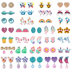 DEVIENG Clip On Earrings, 32 Pairs Hypoallergenic Clips Earrings Sets Suitable for Ages 4-12 Little Girls, Cute Small Clips On Earrings Jewelry Gifts Set